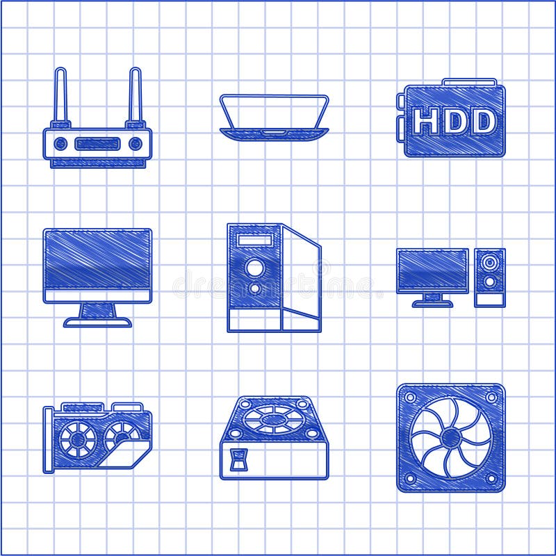 Set Case of Computer, Computer Cooler, Monitor, Video Graphic Card ... Set Case of Computer, Computer Cooler, Monitor, Video Graphic Card ...