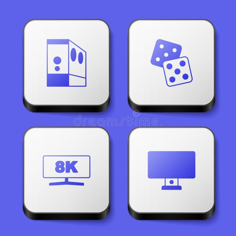 Set Case of Computer, Game Dice, Computer Monitor and Icon. White ...