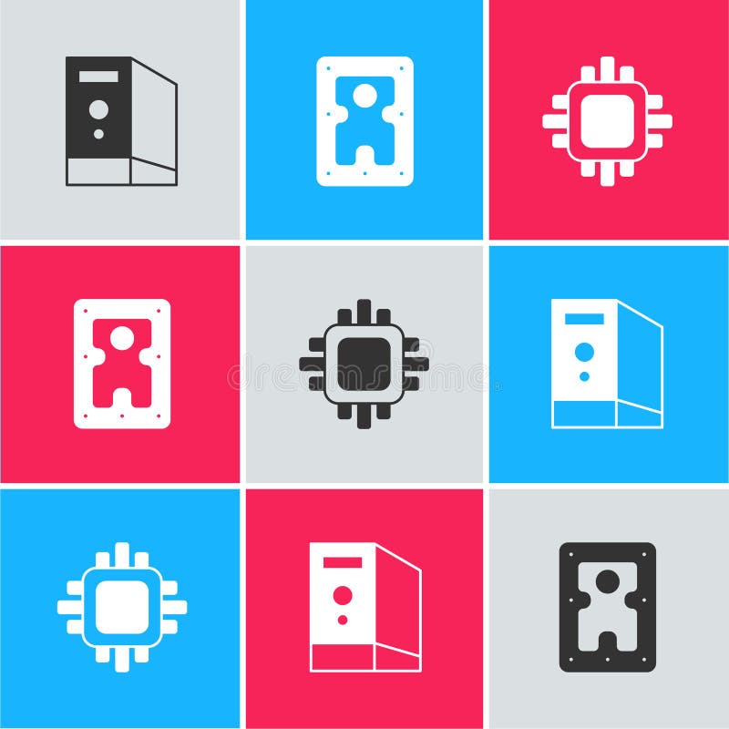 Set Case of Computer, Hard Disk Drive HDD and Processor with CPU Icon ...