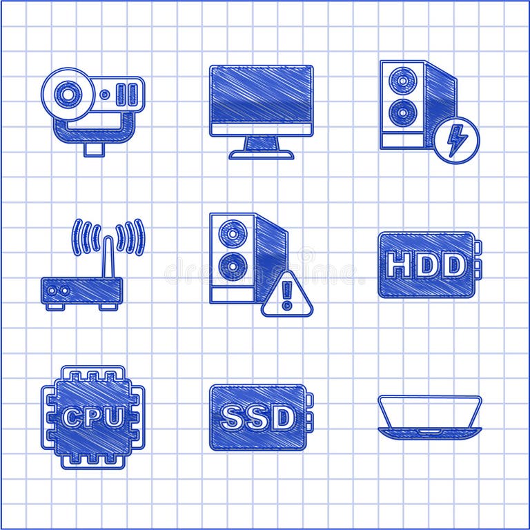 Set Case of Computer, SSD Card, Laptop, Hard Disk Drive HDD, Processor with CPU, Router and Wi ...