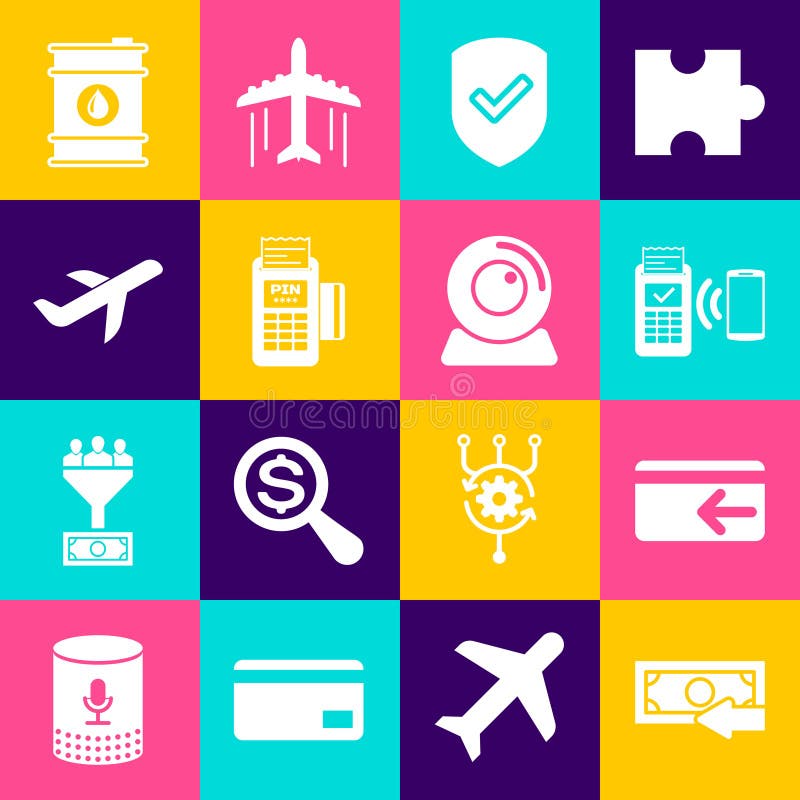 Set Cash Back, , POS Terminal, Shield with Check Mark, and Plane Icon ...