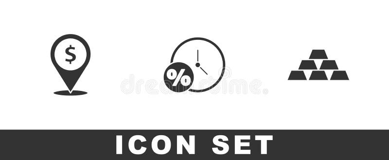 Set Cash Location, Clock and Percent and Gold Bars Icon. Vector Stock ...