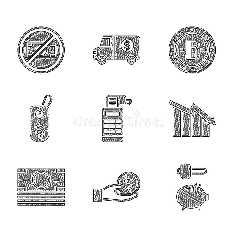 Set Cash Register Machine, Hand Giving Money, Piggy Bank Hammer ...