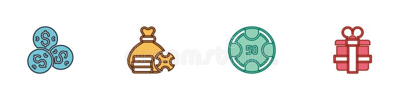 Set Casino Chip with Dollar, Money Bag, Chips and Gift Box Icon. Vector ...