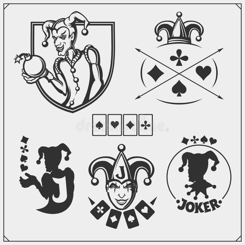 Set of Casino and Poker Emblems and Labels with Joker and Playing Cards ...