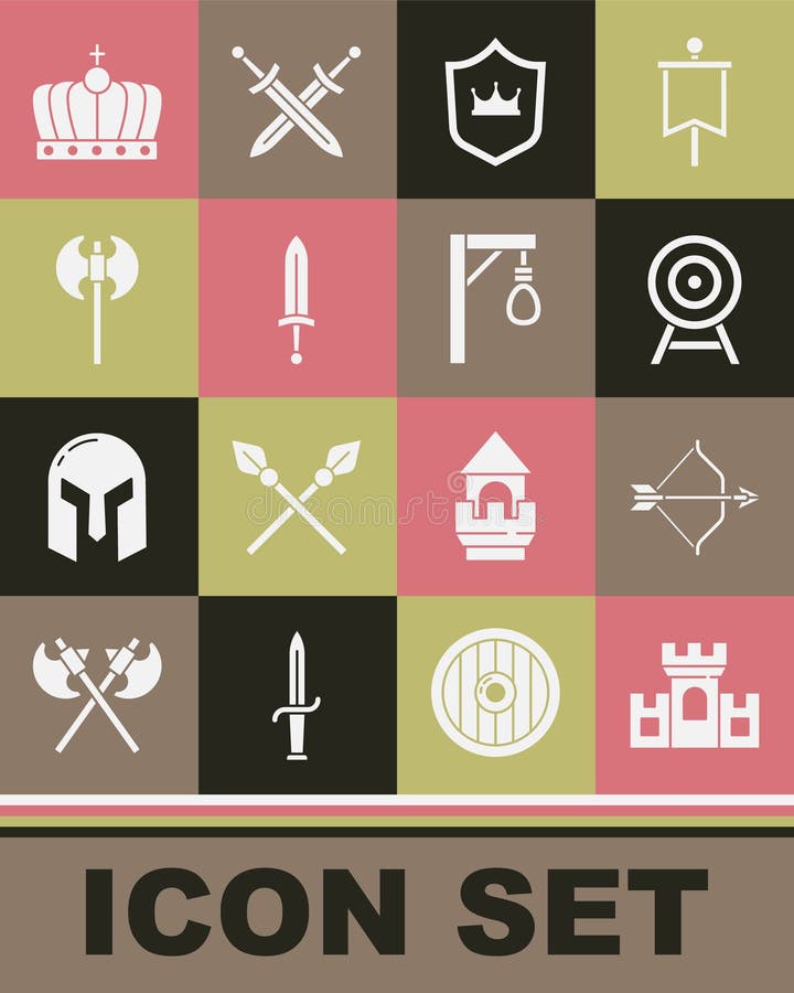 Set Castle, Fortress, Medieval Bow and Arrow, Target with, Shield Crown ...