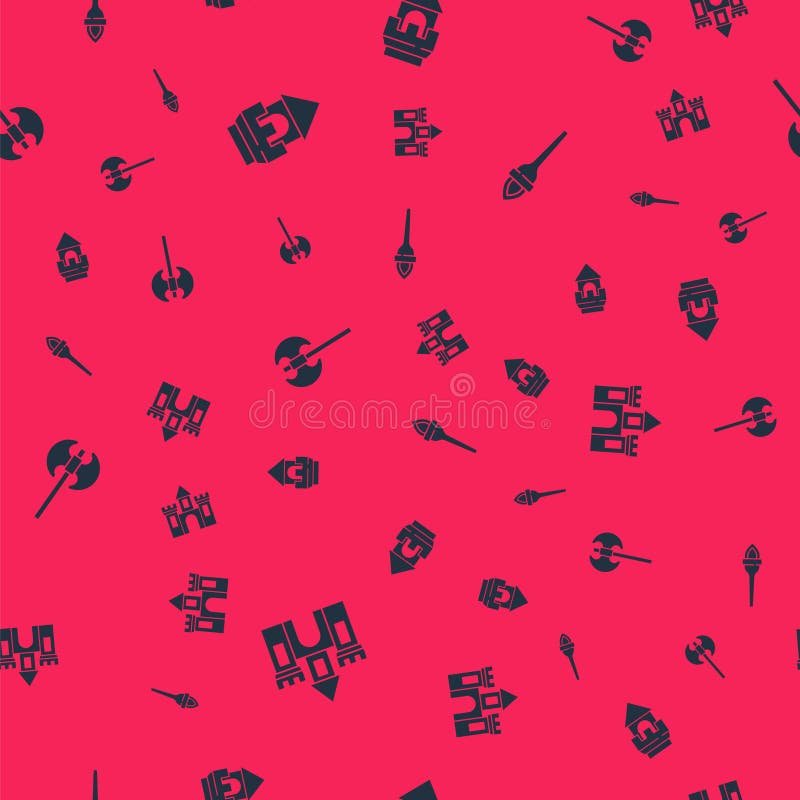 Set Castle, Fortress, Tower, Medieval Axe and Torch Flame on Seamless ...