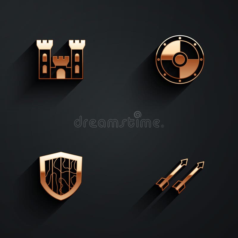 Set Castle, Round Shield, Shield and Medieval Arrows Icon with Long ...