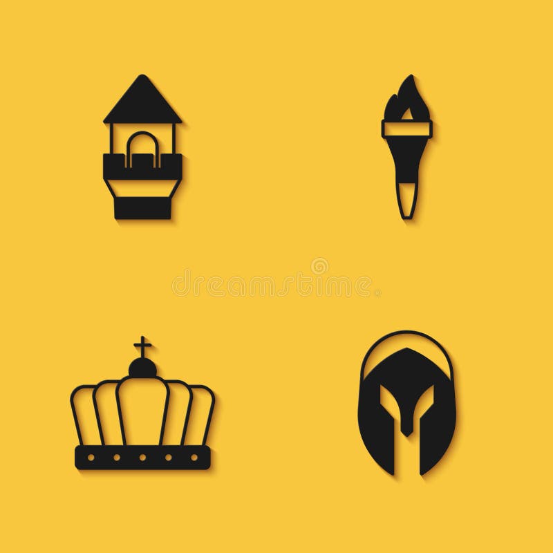 Set Castle Tower, Medieval Helmet, King Crown and Torch Flame Icon with ...