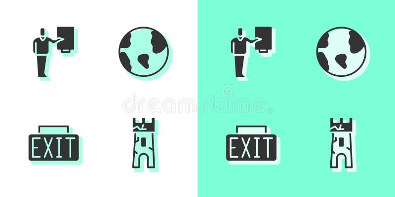 Set Castle Tower, Museum Guide, Exit Sign and Earth Globe Icon. Vector ...