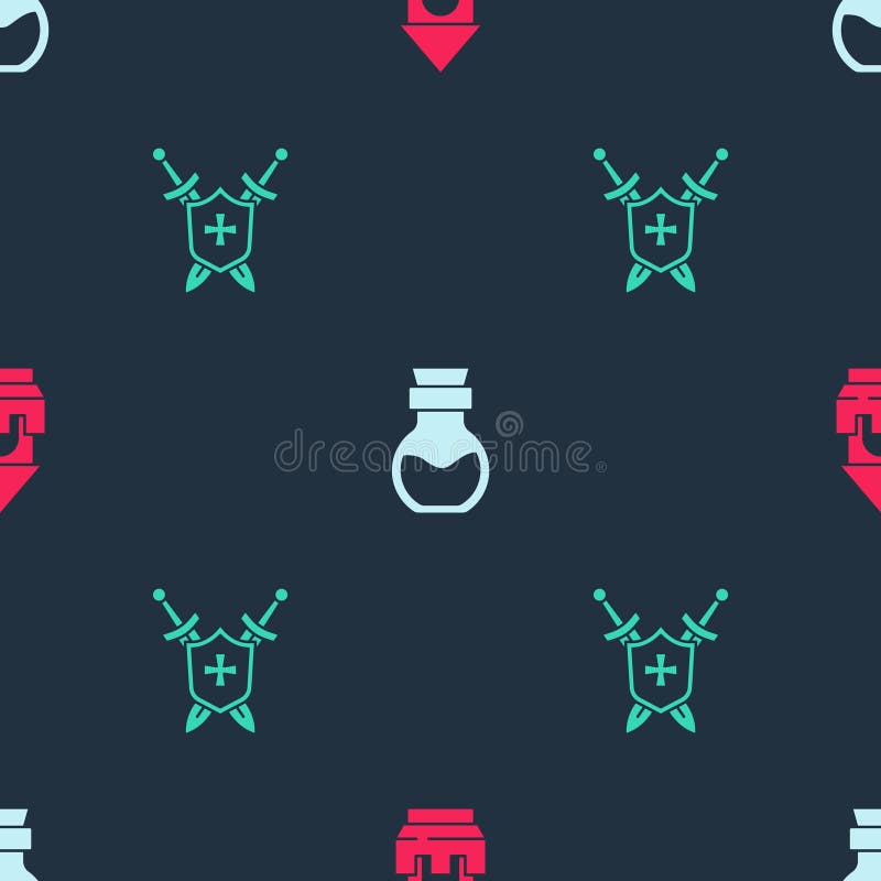 Set Castle Tower, Poison in Bottle and Medieval Shield with Swords on ...