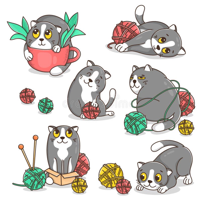 Set with a Cat and Balls of Wool for Knitting. Stock Vector ...