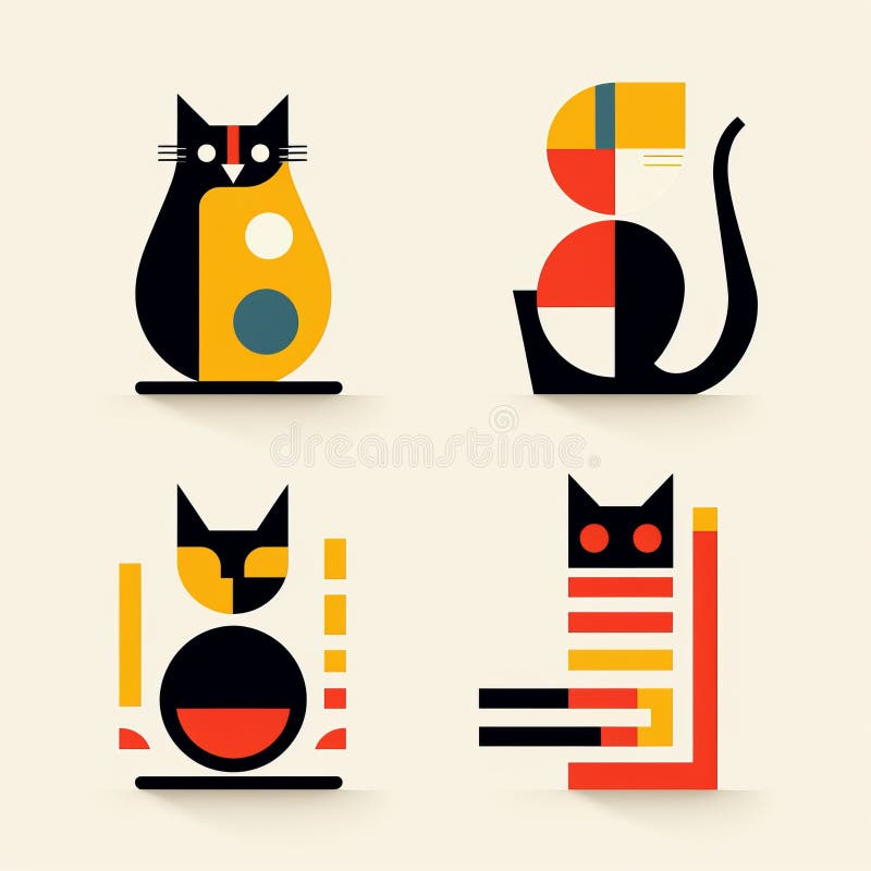 Vibrant Abstract Cat Logo Set in De Stijl Style Stock Illustration ...