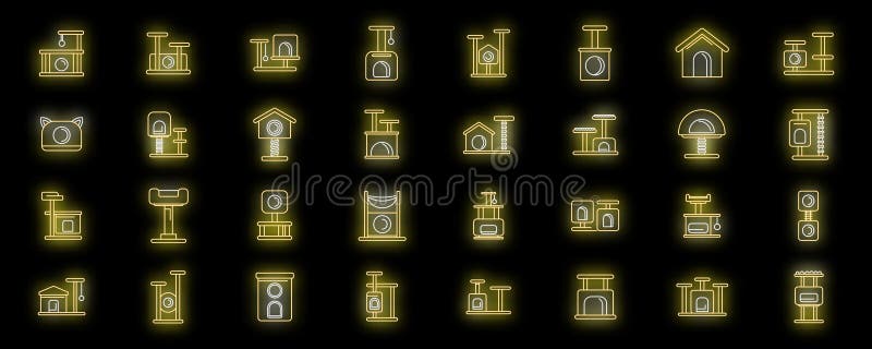 Set of Cat Trees and Scratching Posts Glowing Neon Icons Stock ...
