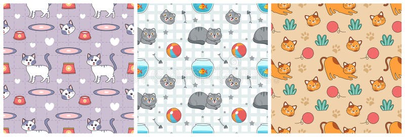Set of Cats Animals Seamless Pattern Design with Cat Element in ...