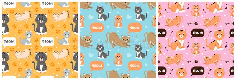 Set of Cats Animals Seamless Pattern Design with Cat Element in ...