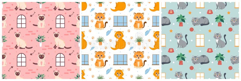 Set of Cats Animals Seamless Pattern Design with Cat Element in ...