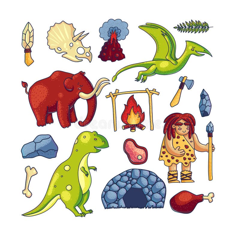 Set of Caveman with Prehistoric Natural Items Stock Vector ...