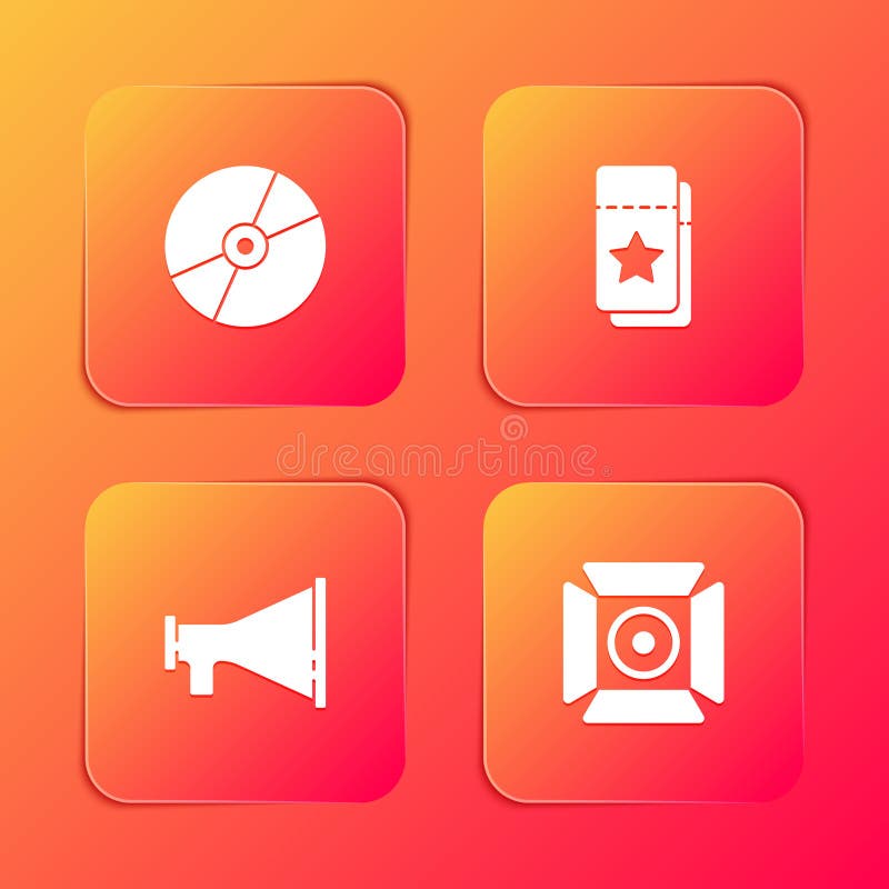 Set CD or DVD Disk, Cinema Ticket, Megaphone and Movie Spotlight Icon ...