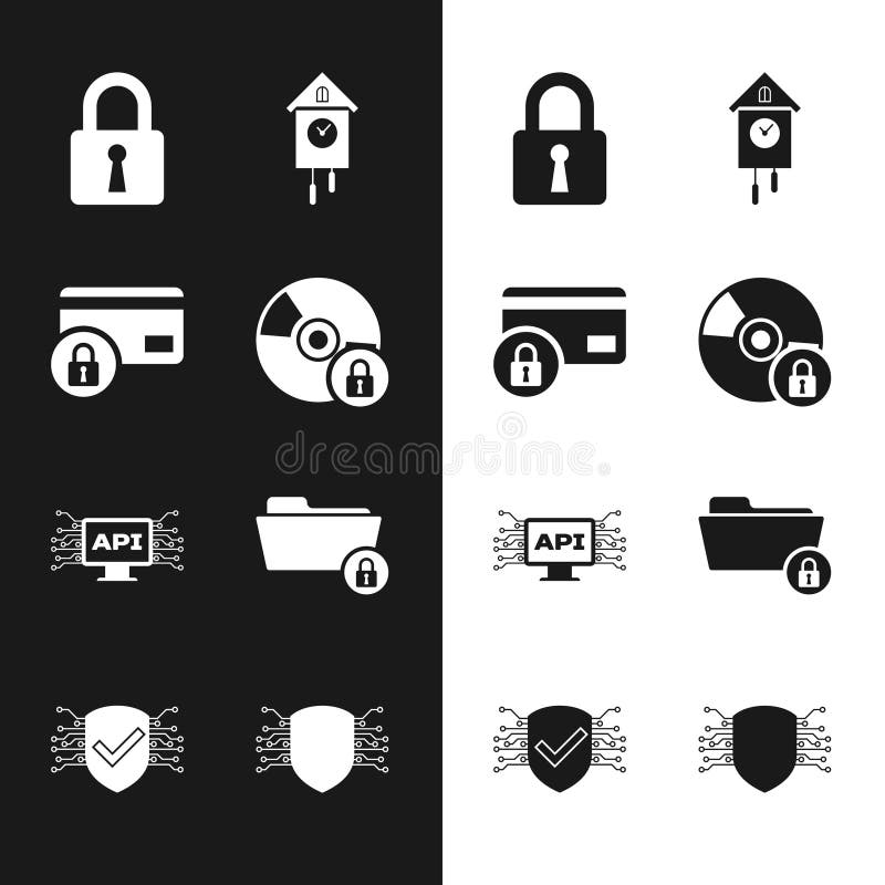 Set CD or DVD Disk with Lock, Credit Card, Lock, Retro Wall Watch, Computer Api Interface and ...