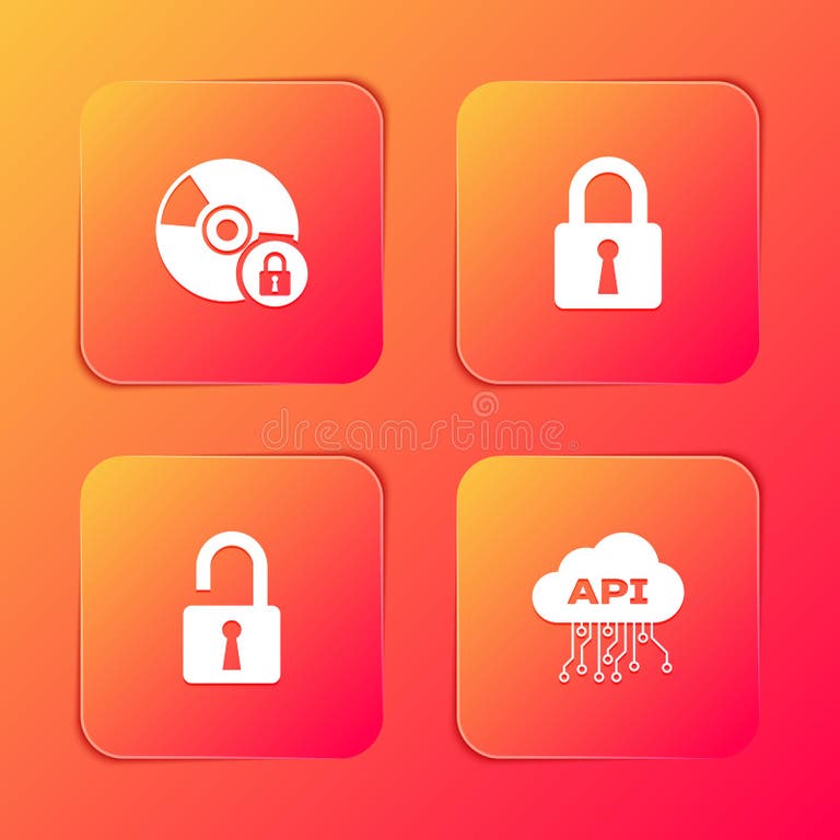 Set CD or DVD Disk with Lock, Lock, Open Padlock and Cloud Api Interface Icon. Vector Stock ...
