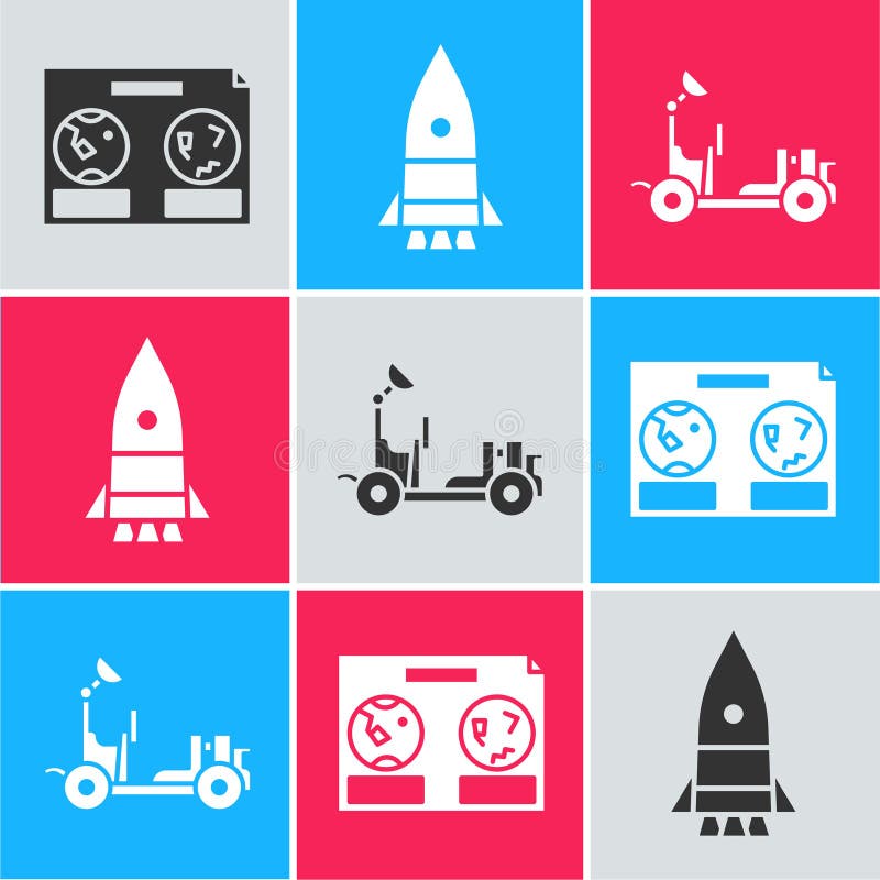 Set Celestial Map of the Night Sky, Rocket Ship and Mars Rover Icon ...