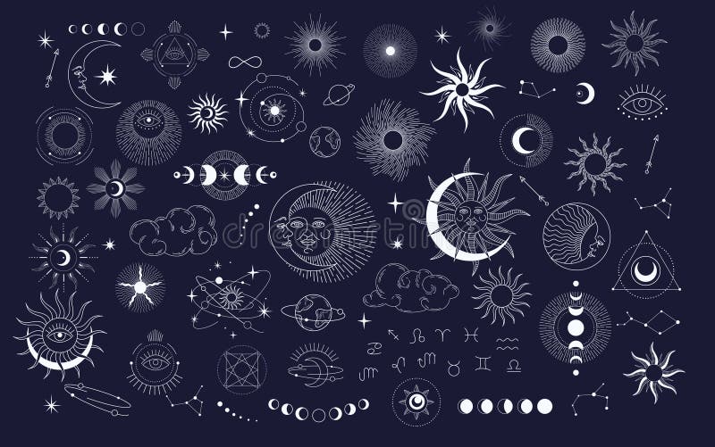 Set of Celestial Mystic Esoteric Magic Elements Sun Moon and Clouds Different Stages of Moon ...