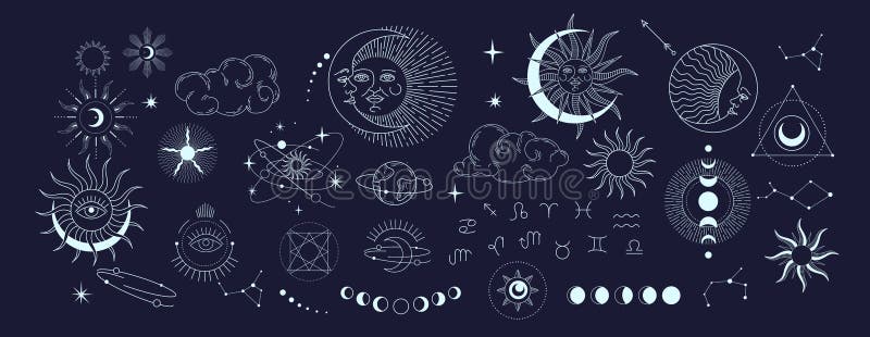 Set of Celestial Mystic Esoteric Magic Elements Sun Moon and Clouds Different Stages of Moon ...