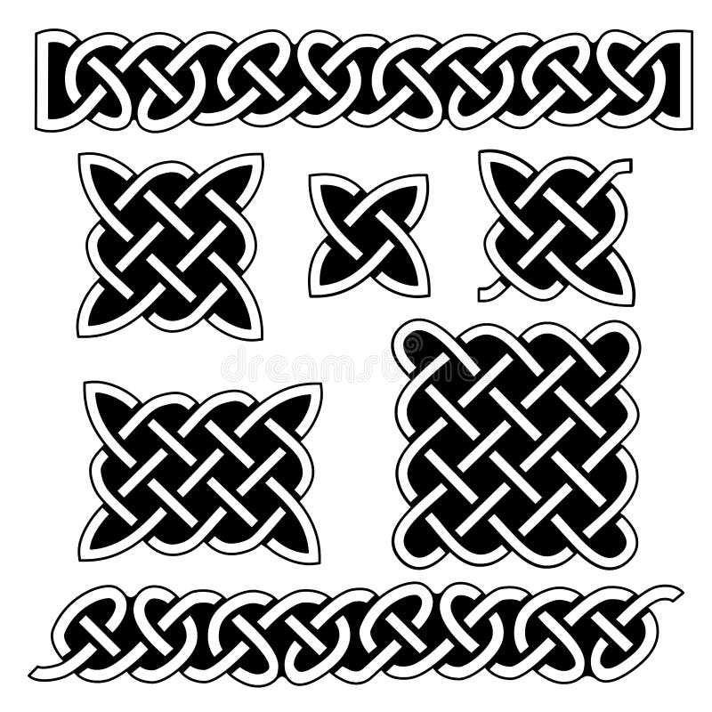 Set of Celtic Knot Patterns and Celtic Elements on Black Background ...