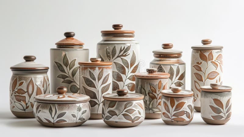 A Set of Ceramic Jars with Intricate Leaf Designs Designed for Storing ...