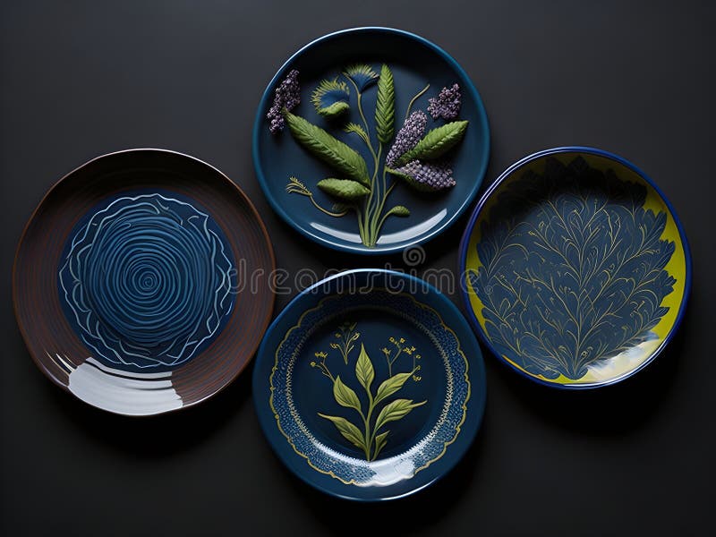 Set of Ceramic Plates on a Dark Background. View from Above Stock Image ...
