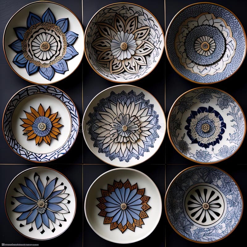 Set of Ceramic Plates with Mandala Patterns. Collection of Ceramic ...