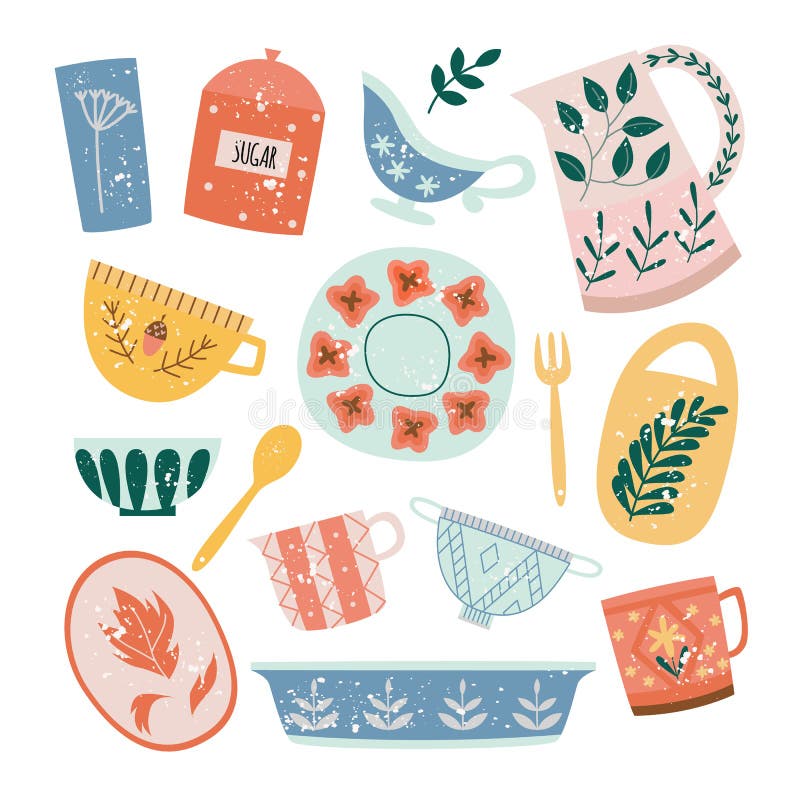Set of Ceramic Tableware or Crockery in Flat Cartoon Style Stock Vector ...