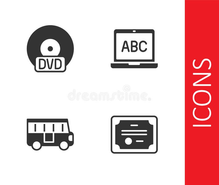 Set Certificate Template, CD or DVD Disk, School Bus and Laptop Icon ...