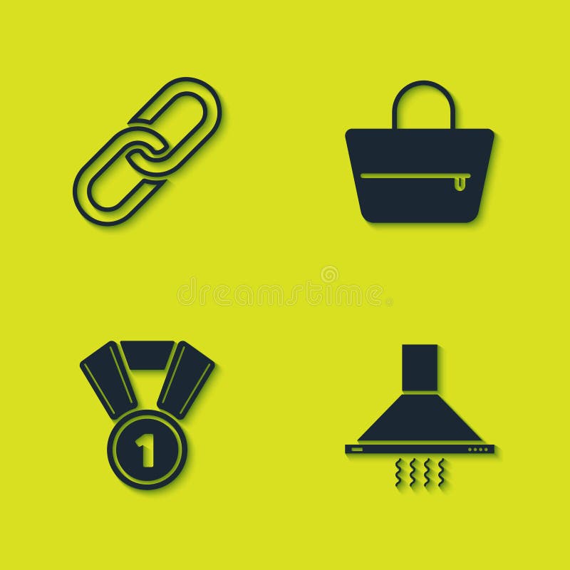 Set Chain Link, Kitchen Extractor Fan, Medal and Handbag Icon. Vector ...