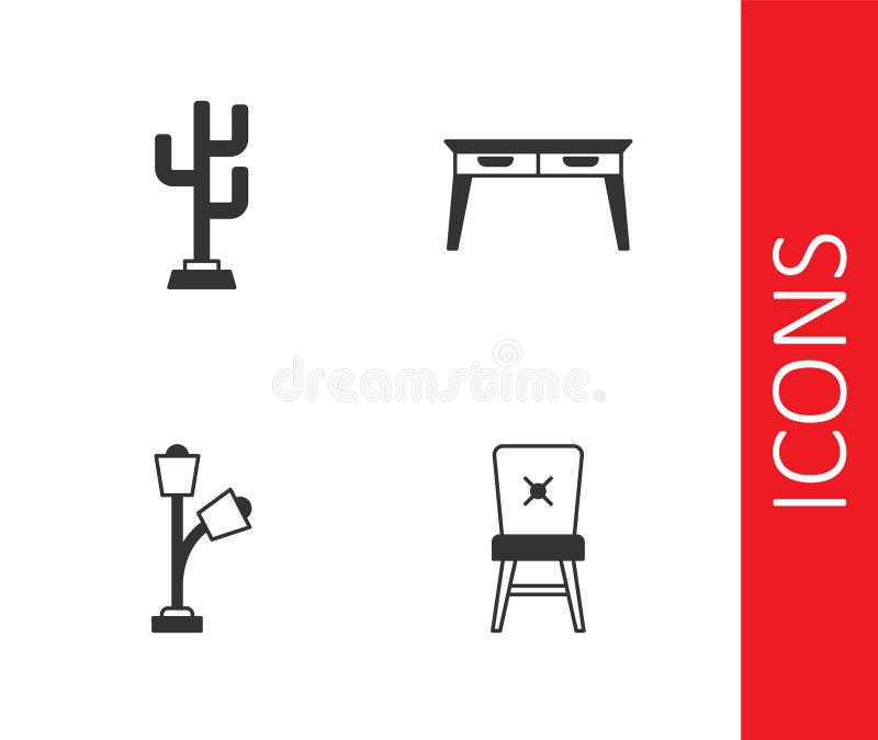 Set Chair, Coat Stand, Floor Lamp and Office Desk Icon. Vector Stock ...