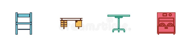 Set Chair, Office Desk, Round Table and Kitchen Dishwasher Machine Icon ...