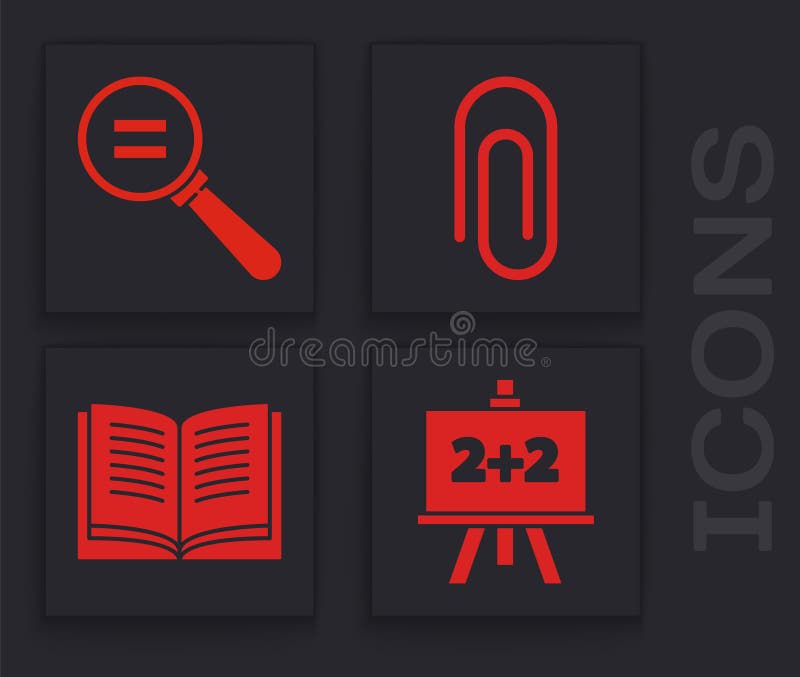 Set Chalkboard, Calculation, Paper Clip and Open Book Icon. Vector ...