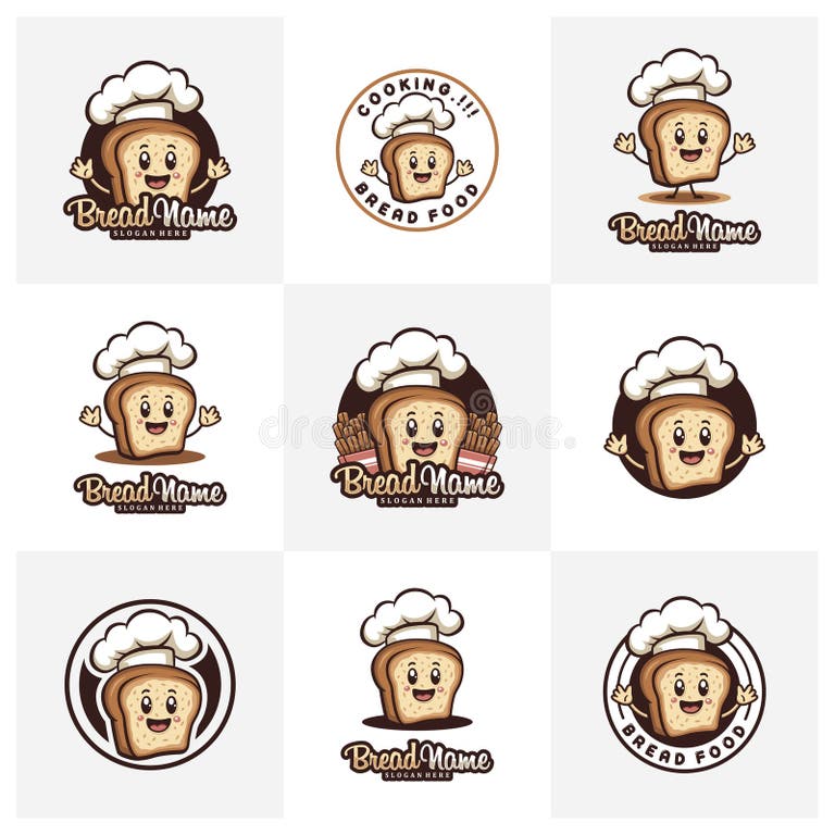Set of Character Bread with Chef Hat Logo Design Concept Vector ...