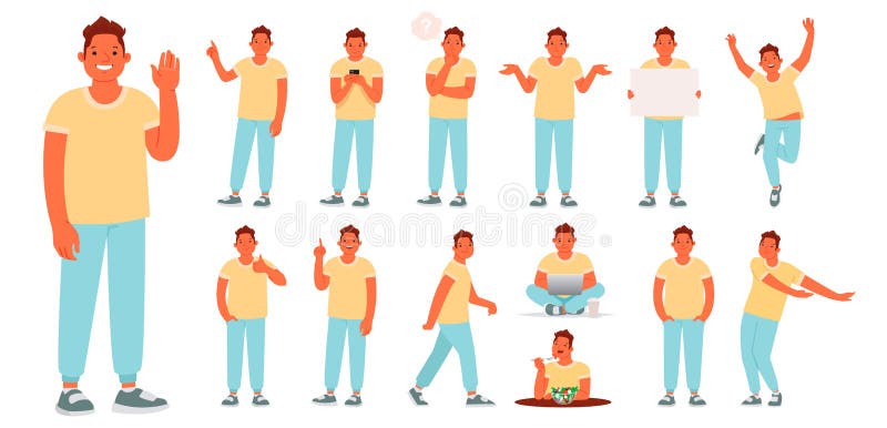 Set of Character of a Young Man in Various Poses and Actions. the Guy ...