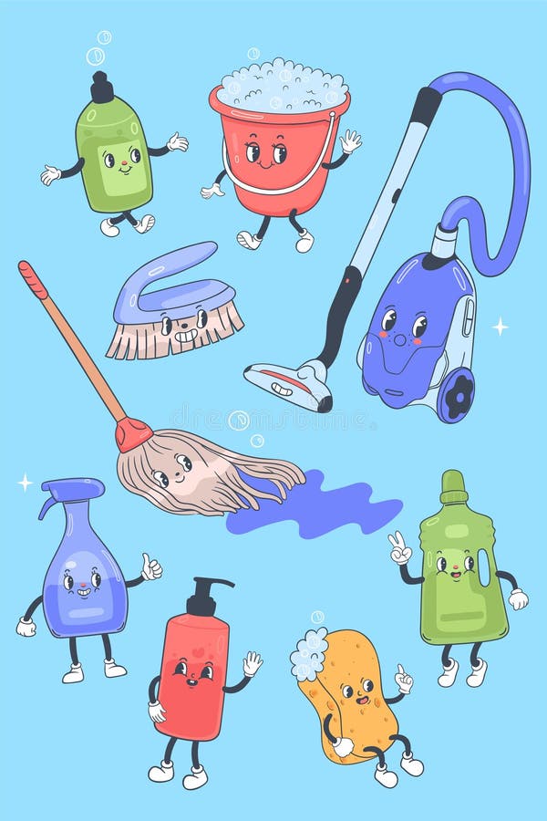 Set of Characters for Cleaning in Groovy Style. Vector Graphics Stock ...