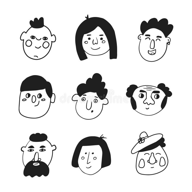 Set of Characters Faces in Doodle Style, Vector Illustration Stock ...