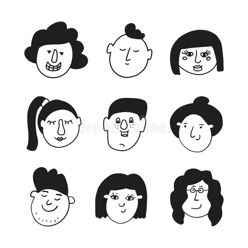 Set of Characters Faces in Doodle Style, Vector Illustration Stock ...