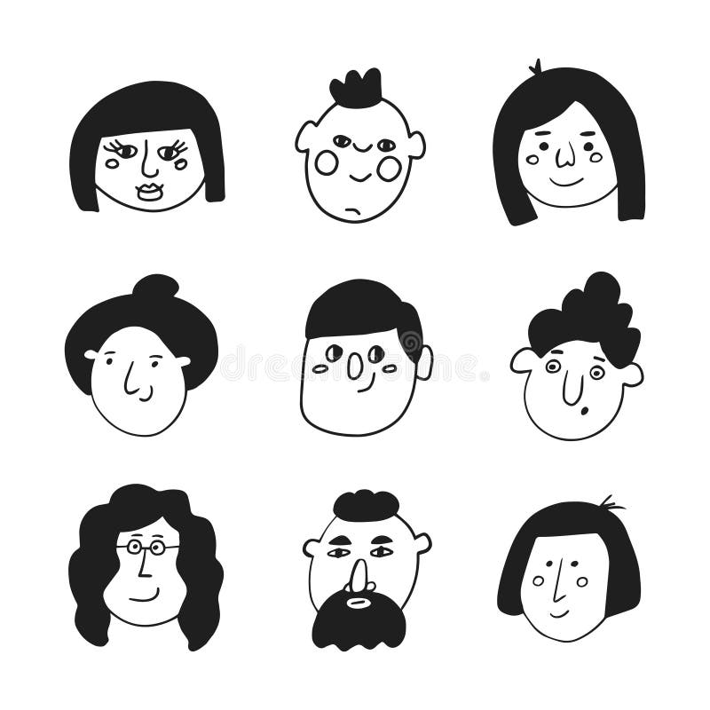 Set of Characters Faces in Doodle Style, Vector Illustration Stock ...