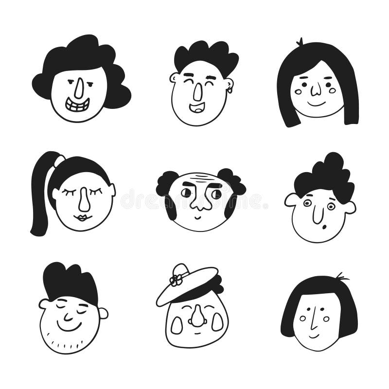 Set of Characters Faces in Doodle Style, Vector Illustration Stock ...