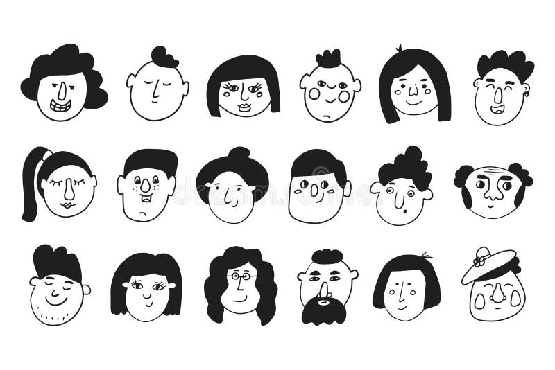 Set of Characters Faces in Doodle Style, Vector Illustration Stock ...