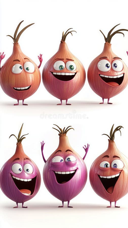 Set of Charming 3D Onion Characters with Smiling Faces, Each Expressing ...
