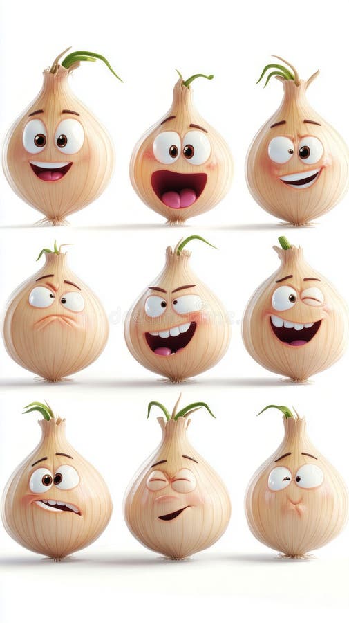 Set of Charming 3D Onion Characters with Smiling Faces, Each Expressing ...