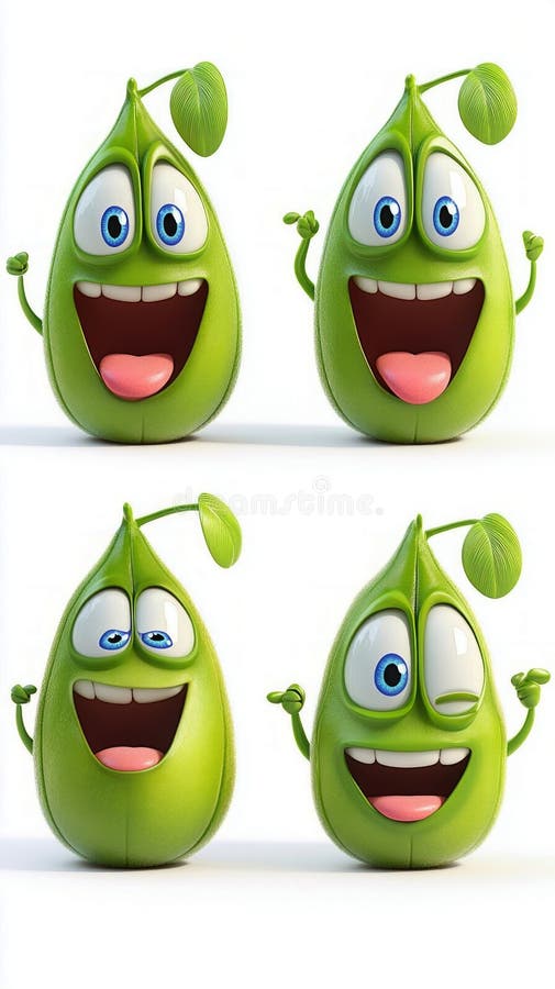Set of Charming 3D Peas Characters with Smiling Faces, Each Expressing ...