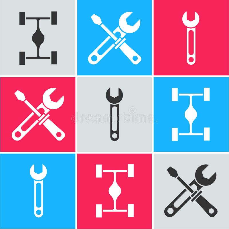 Set Chassis Car, Screwdriver and Wrench Tools and Wrench Icon. Vector ...
